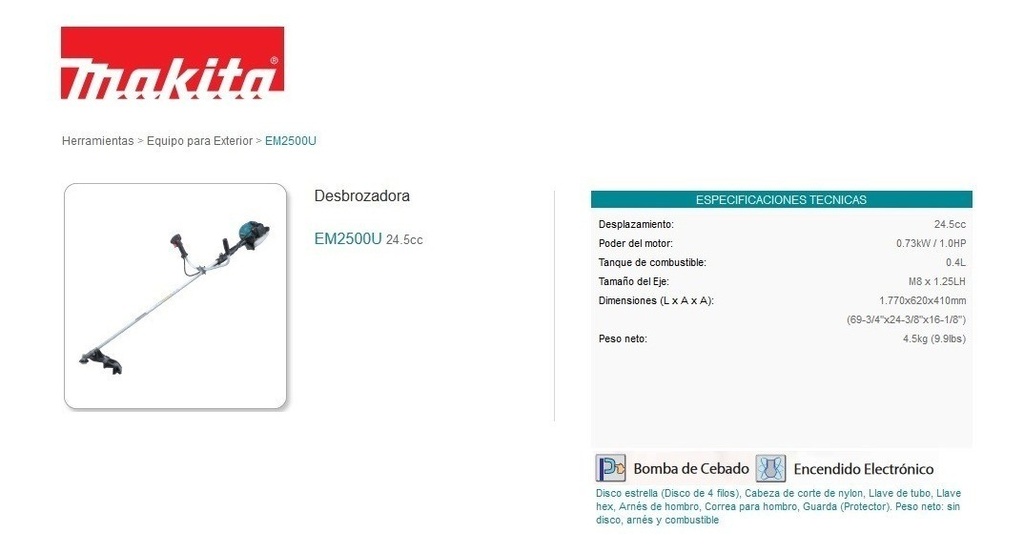 Desmalezadora 24,5 cc. 1.0 hp, - Mango en U | Herramientas Chile